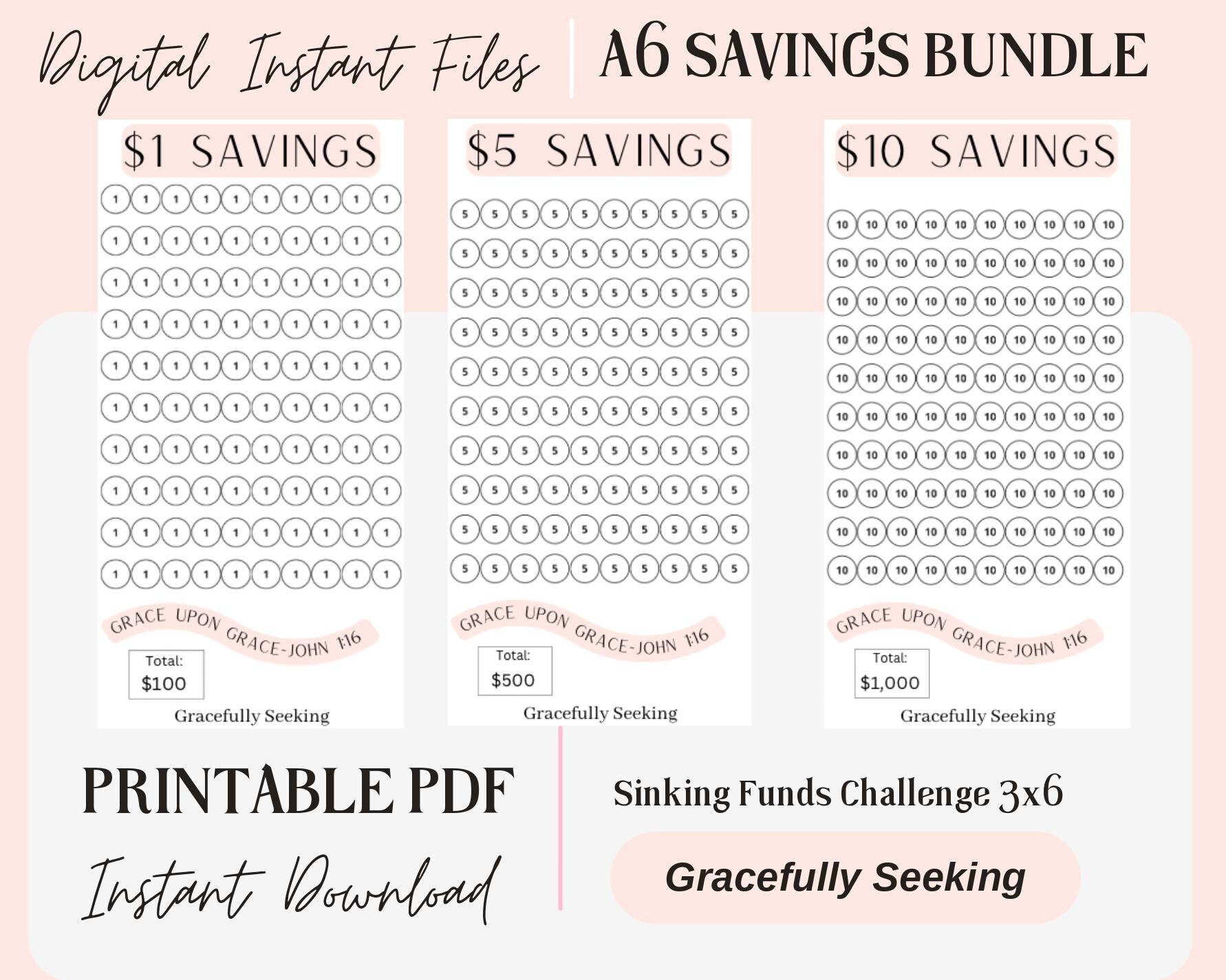 Savings Challenge 1, 5, 10 Dollar, Instant Digital Download A6 Tracker ...
