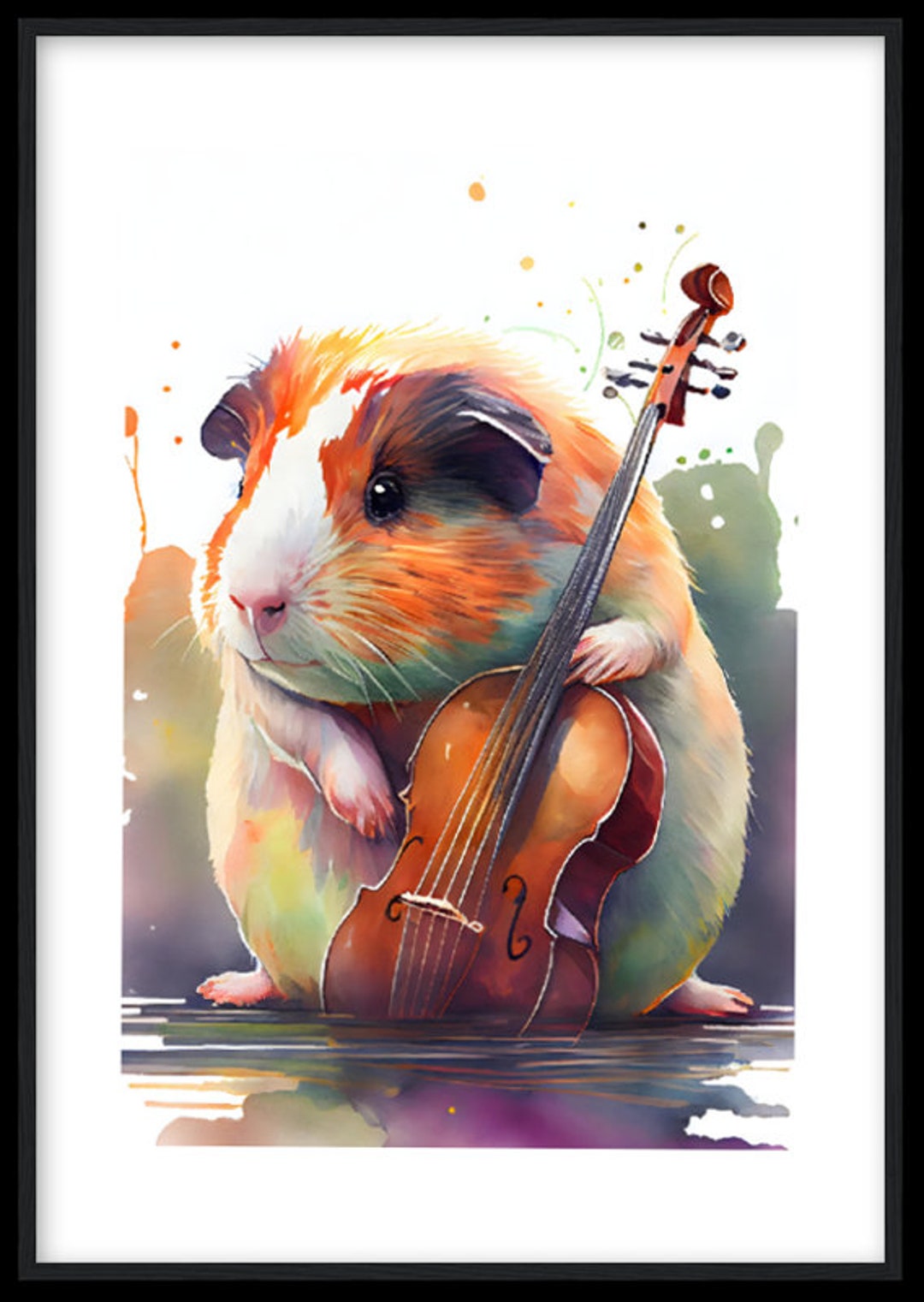 Guinea Pig Watercolor Art Print, Piggy is Playing Violin Chello ...