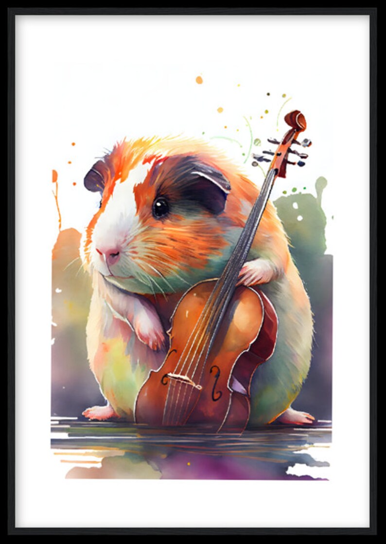 Guinea Pig Watercolor Art Print, Piggy is Playing Violin Chello ...
