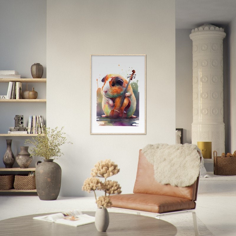 Guinea Pig Watercolor Art Print, Piggy is Playing Violin Chello ...