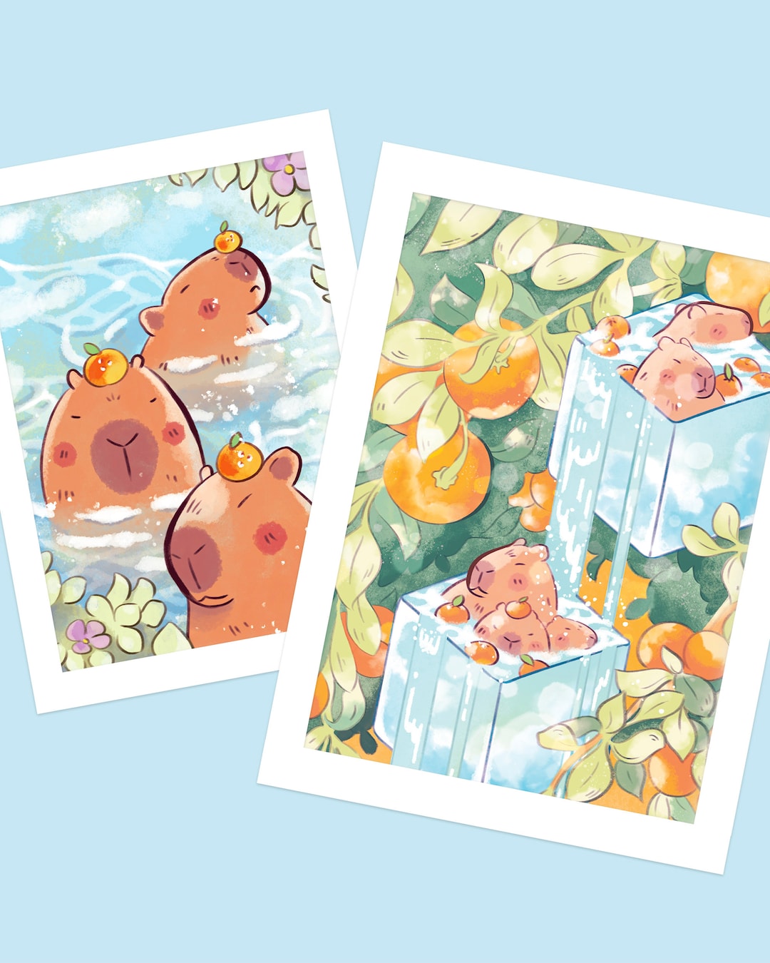 Capybara Bathing in Oranges Art Print, Capybara Wall Art, Kawaii Wall ...