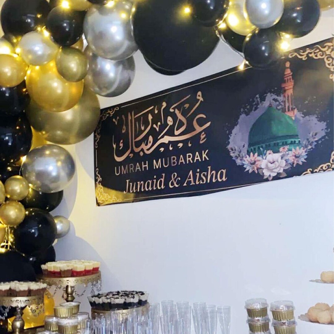 Customizable Umrah Mubarak Banner | Elegant Black and Gold Decoration ...