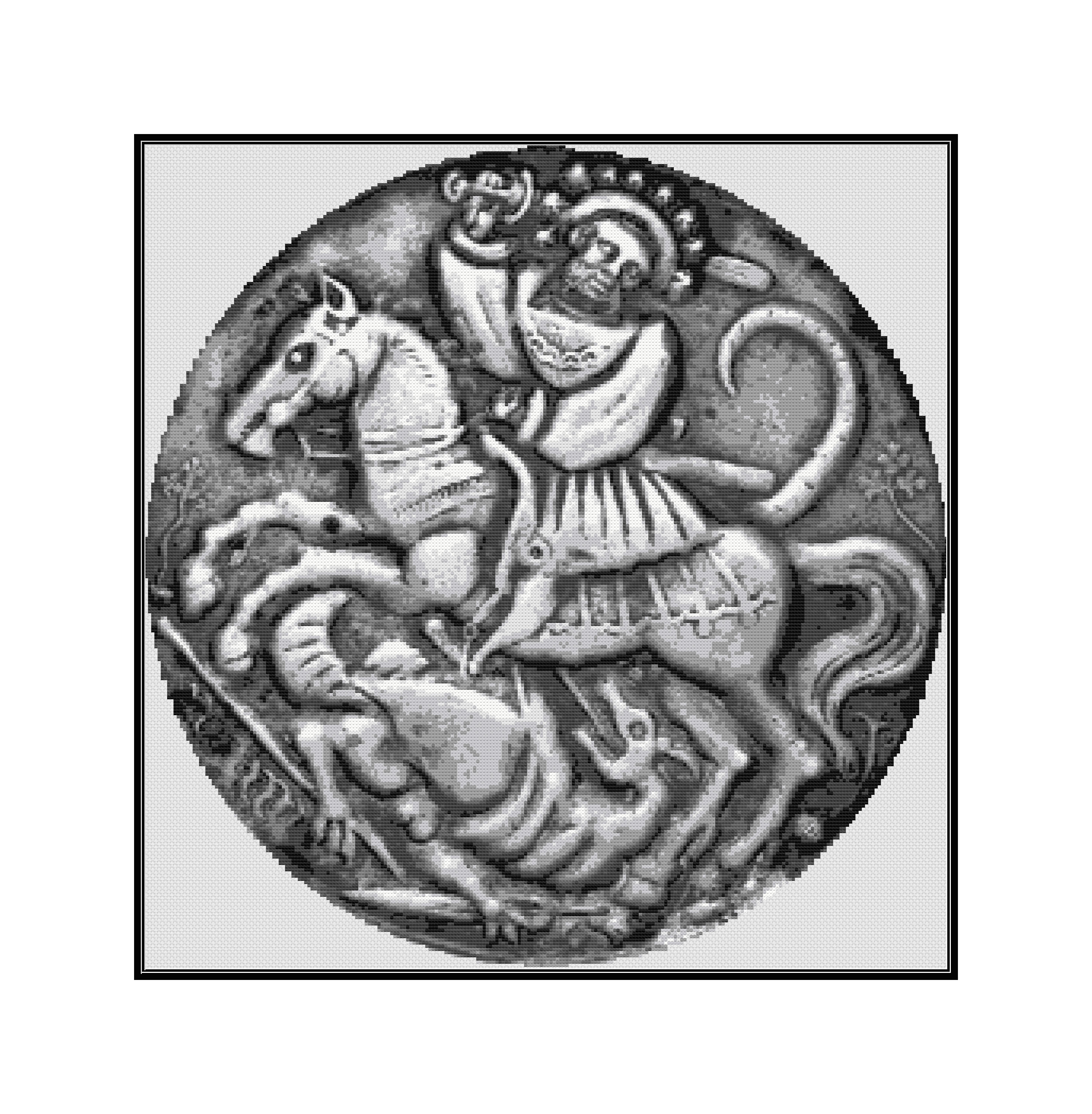 St. George Slays the Dragon Round Greyscale Cross Stitch Pattern ...
