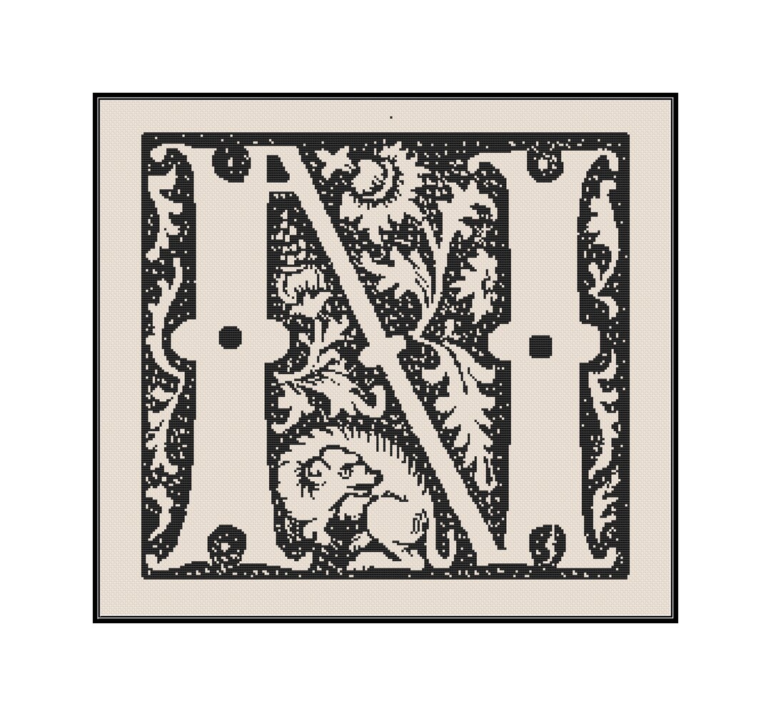 Illustrated Monogram Letter N Cross Stitch Pattern, Instant Download ...