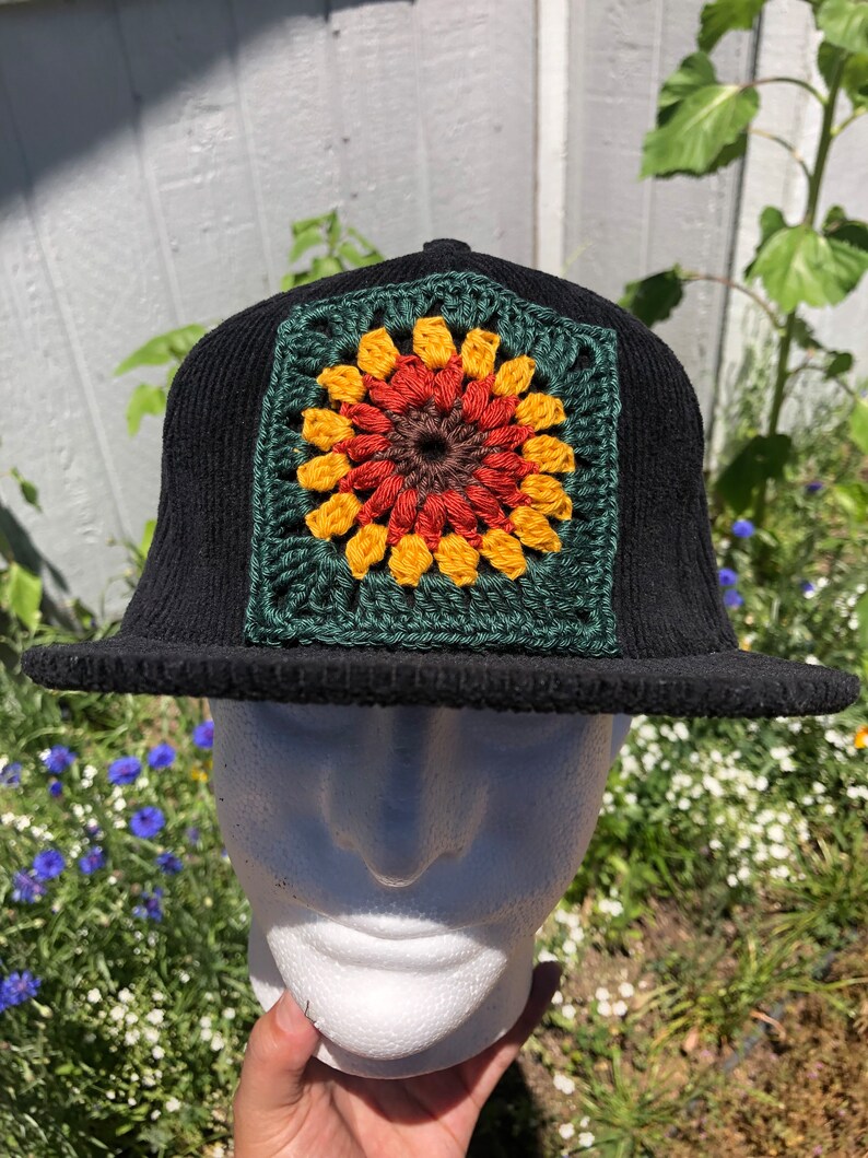 Sunflower Granny Square Crochet Snapback Corduroy Hat, Dad Cap, One-of ...