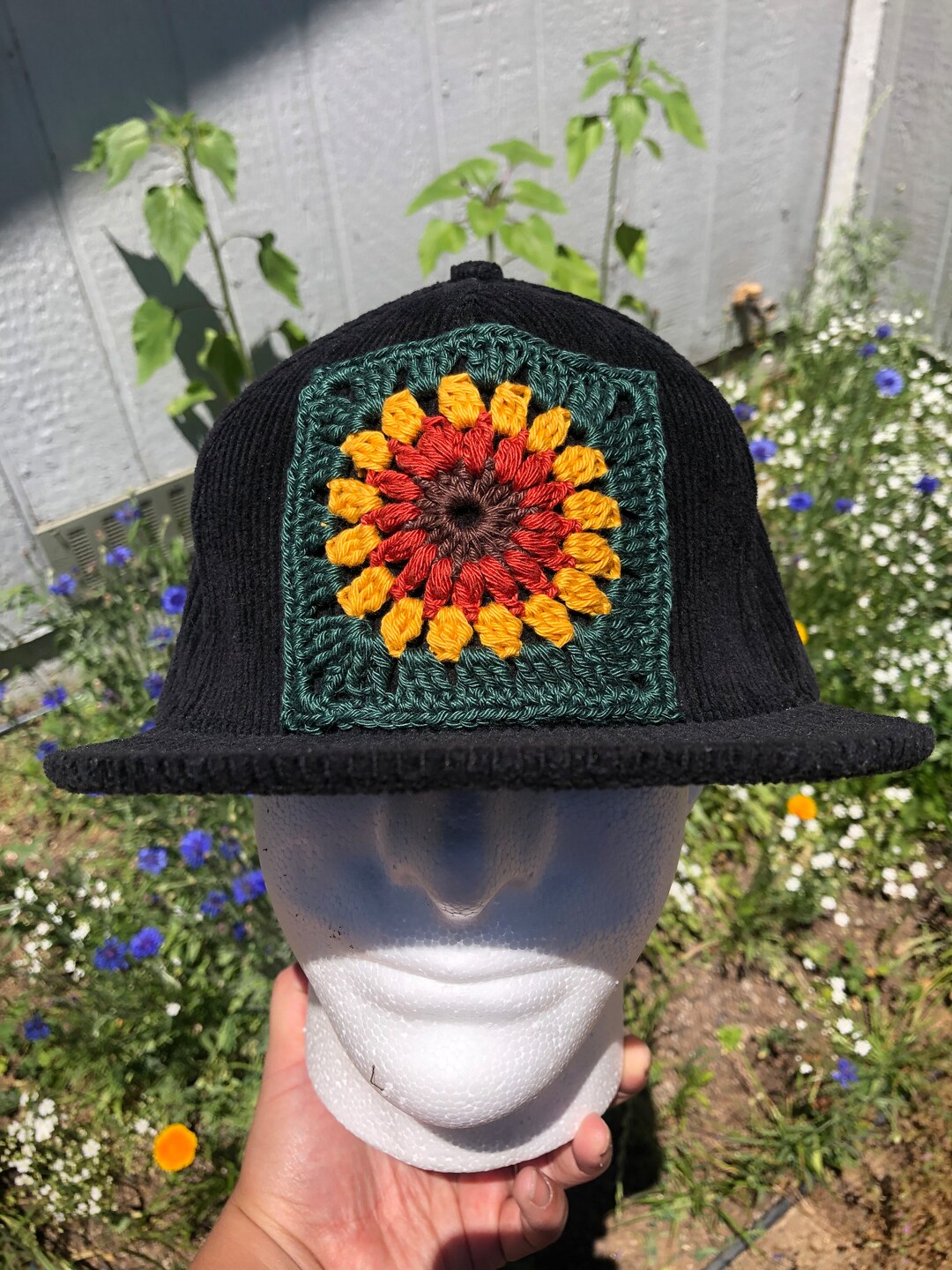 Sunflower Granny Square Crochet Snapback Corduroy Hat, Dad Cap, One-of ...