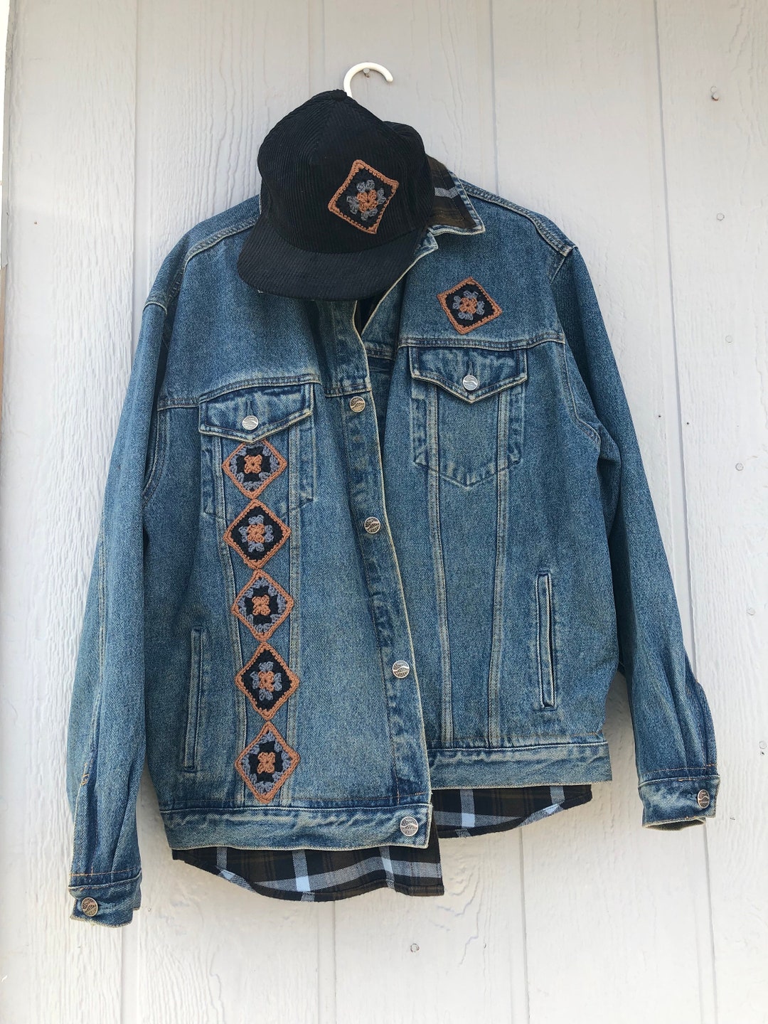 Custom Crochet Denim Jacket and Matching Hat Set, Volcom Flannel Lining ...