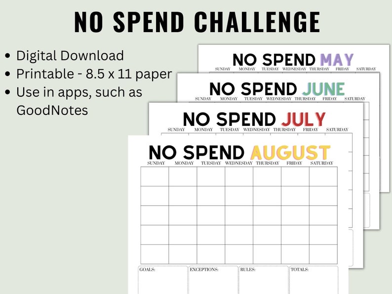 Monthly No Spend Challenge Calendar - Digital Download PDF - Financial ...