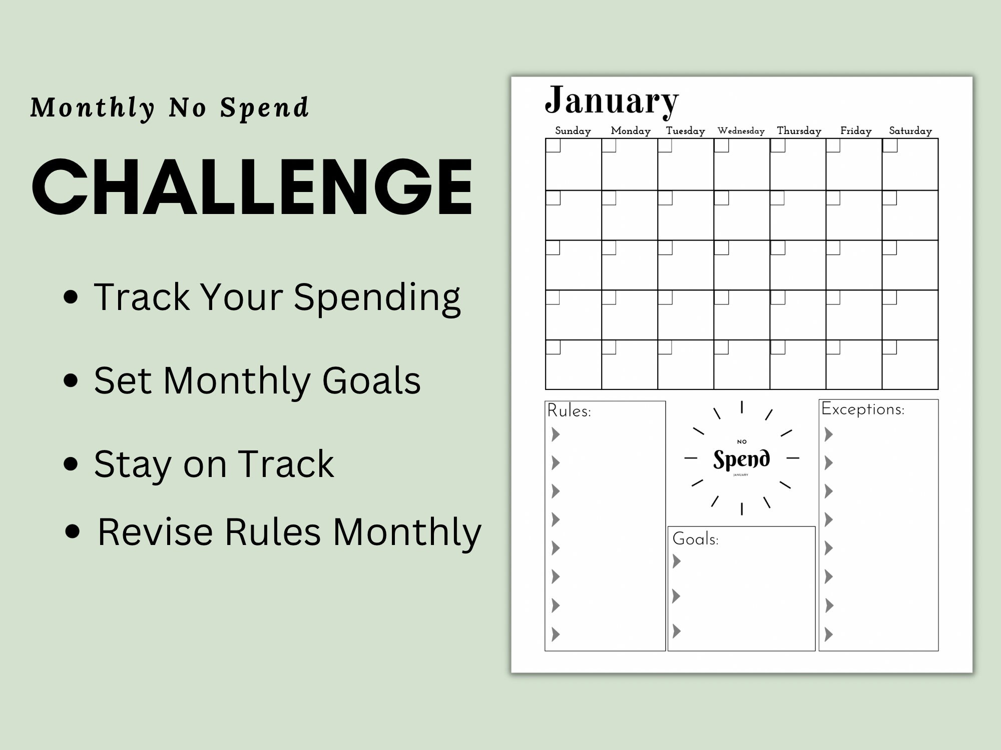 Monthly No Spend Challenge Calendar - Digital Download PDF - Financial ...