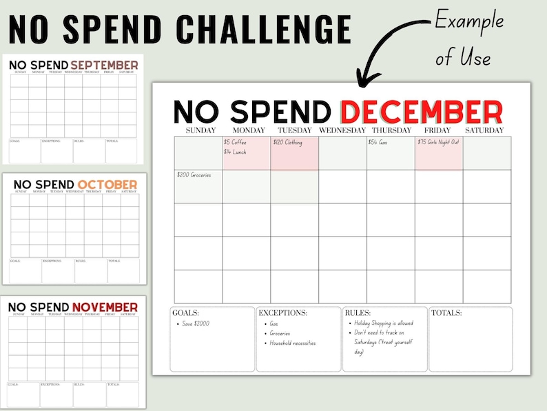 Monthly No Spend Challenge Calendar - Digital Download PDF - Financial ...