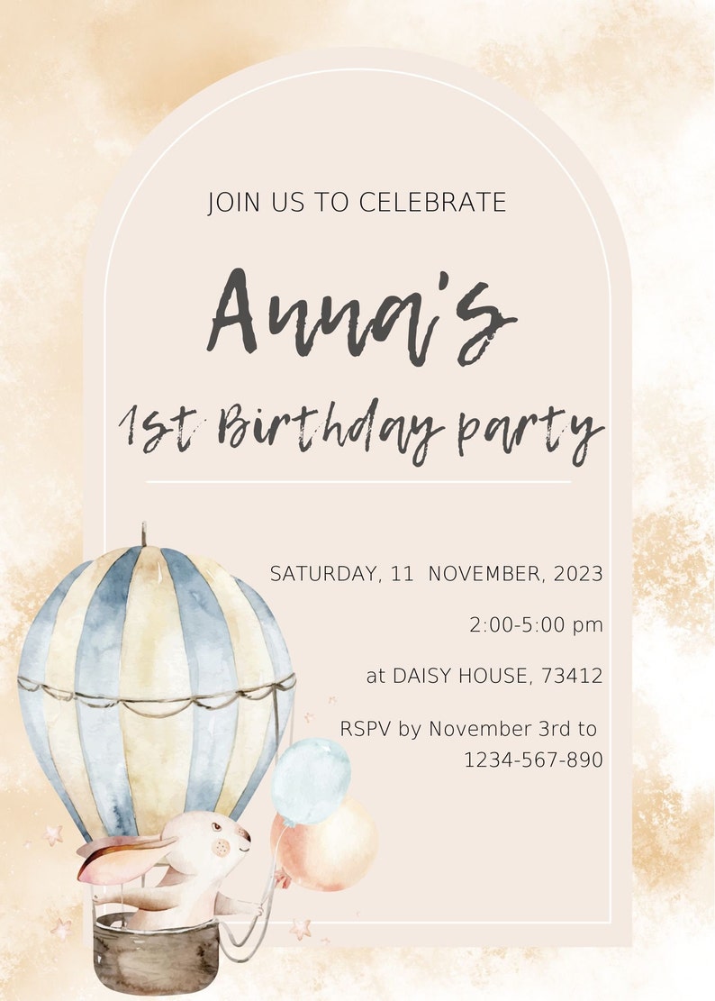 Editable Hot Air Balloon Invitation Birthday Party Invitation Template ...