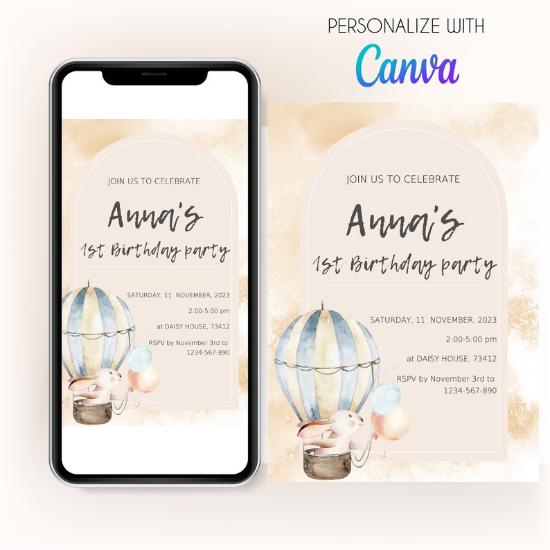 Editable Hot Air Balloon Invitation Birthday Party Invitation Template ...