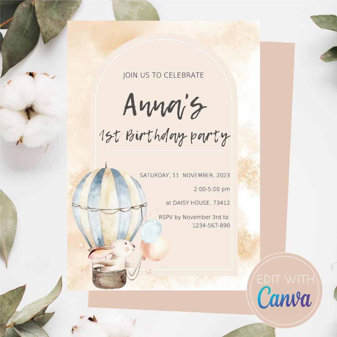 Editable Hot Air Balloon Invitation Birthday Party Invitation Template ...