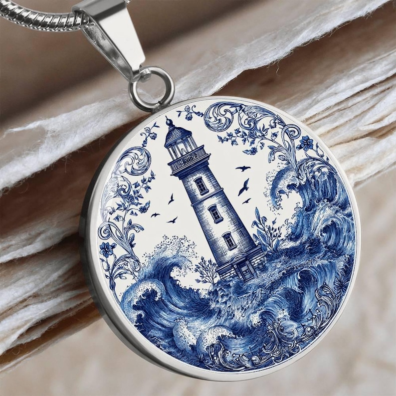 Lighthouse Necklace - Symbol of Hope and Guidance, Blue Toile Porcelain ...