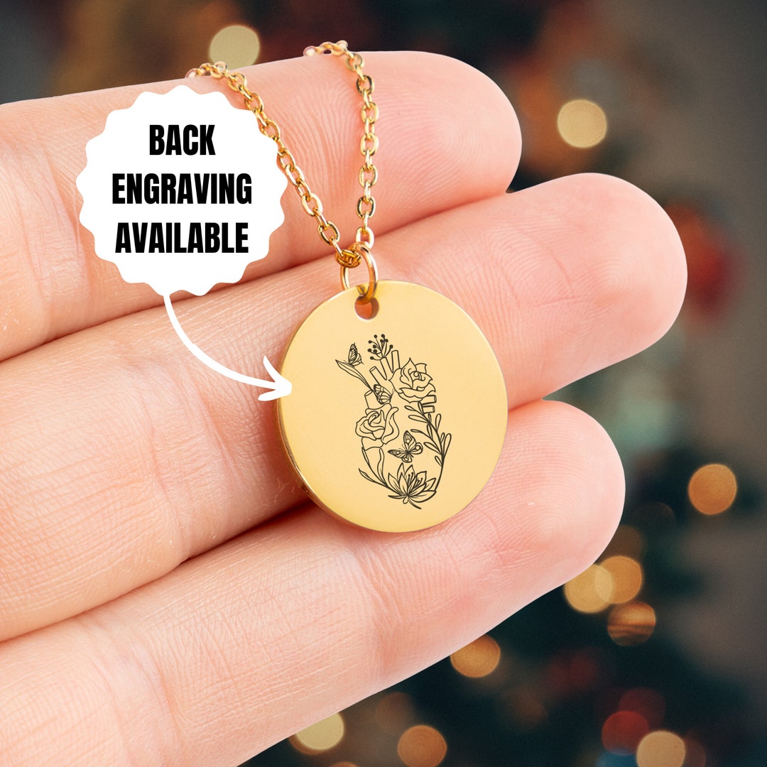 Customizable Floral Anatomy Heart Coin Necklace | Cardiologist ...