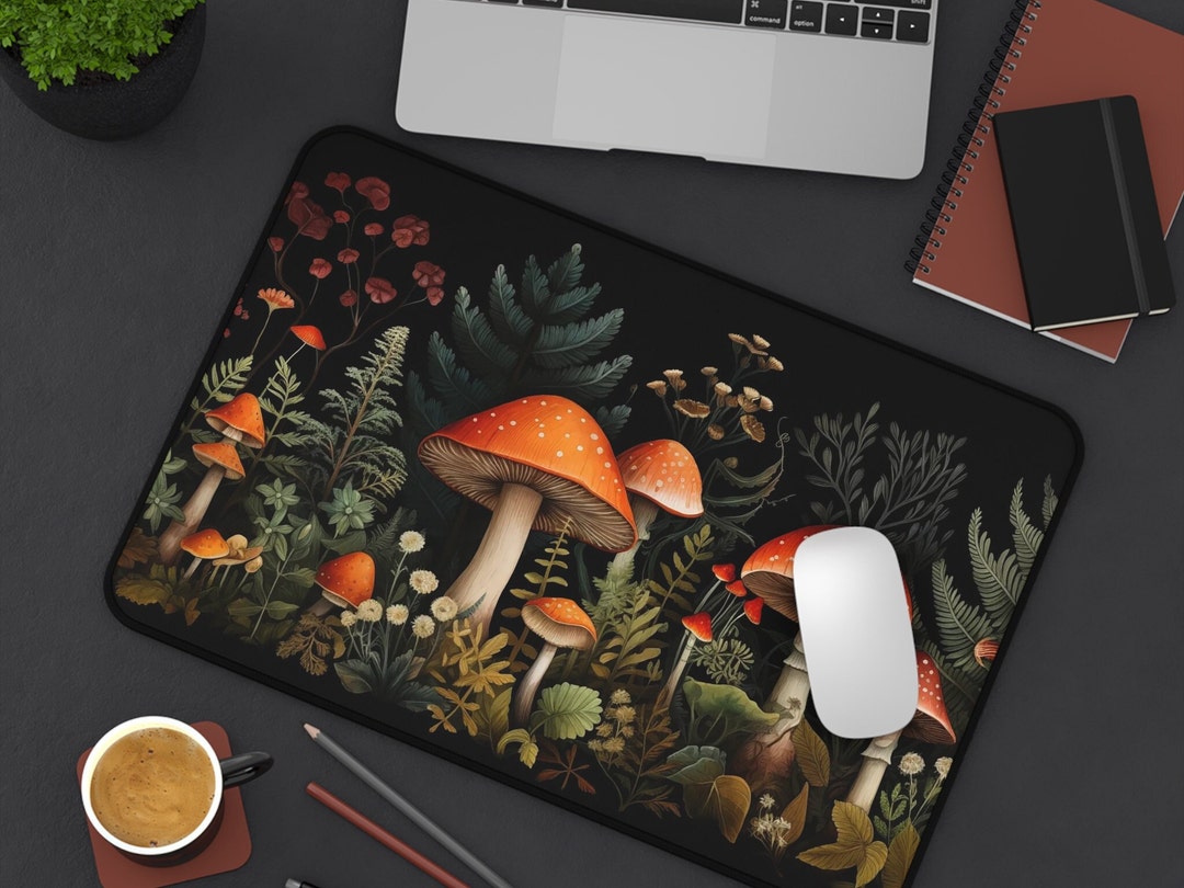 Mushroom Series Desk Mat, Cottagecore, Magical Mushrooms, Green Black ...