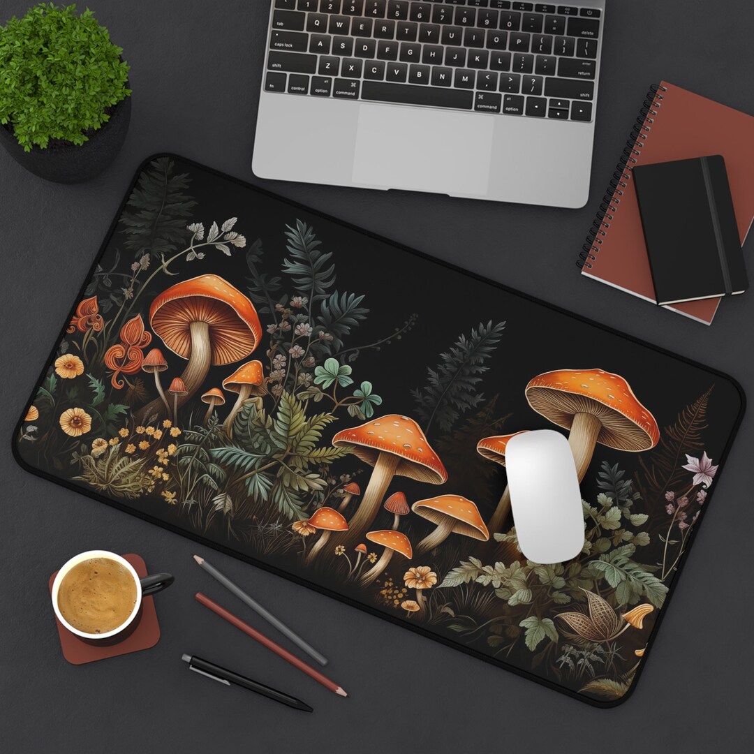 Mushroom Series Desk Mat, Cottagecore, Magical Mushrooms, Green Black ...