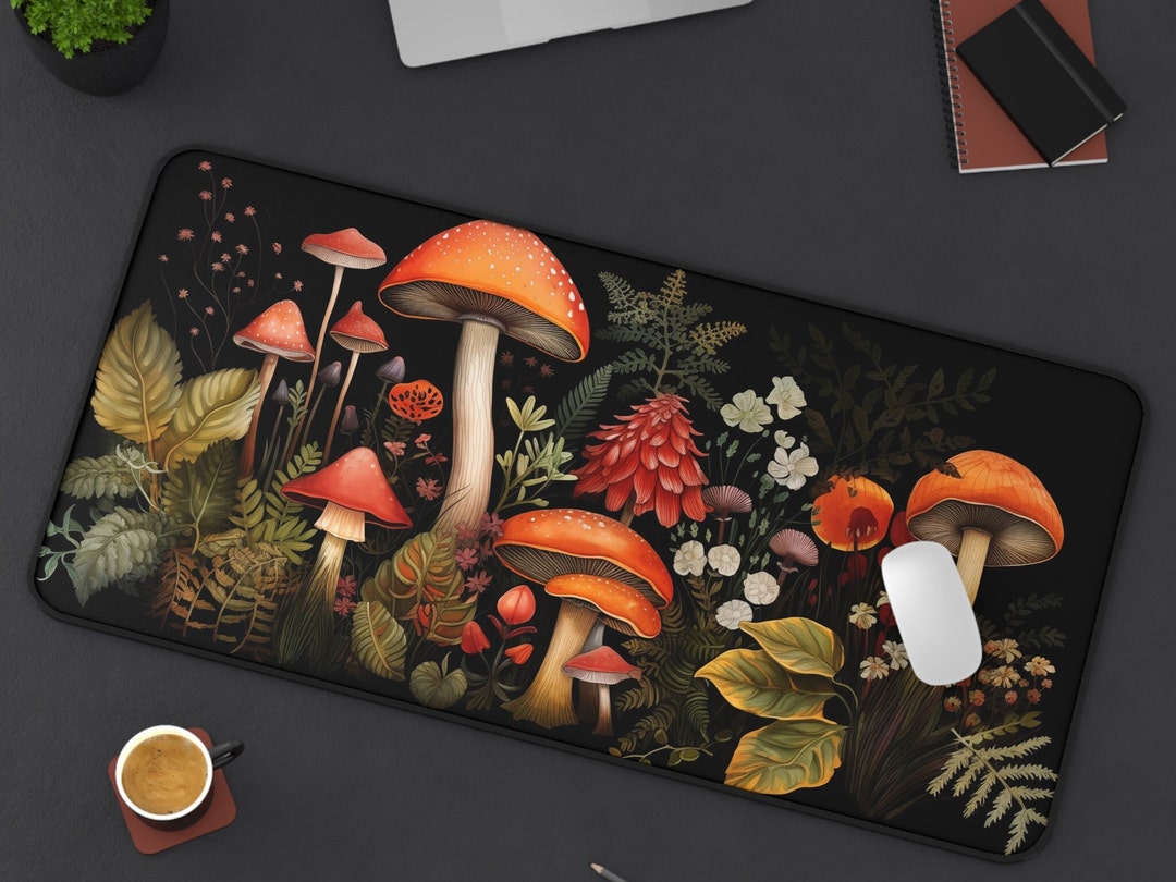 Mushroom Series Desk Mat, Cottagecore, Magical Mushrooms, Green Black ...