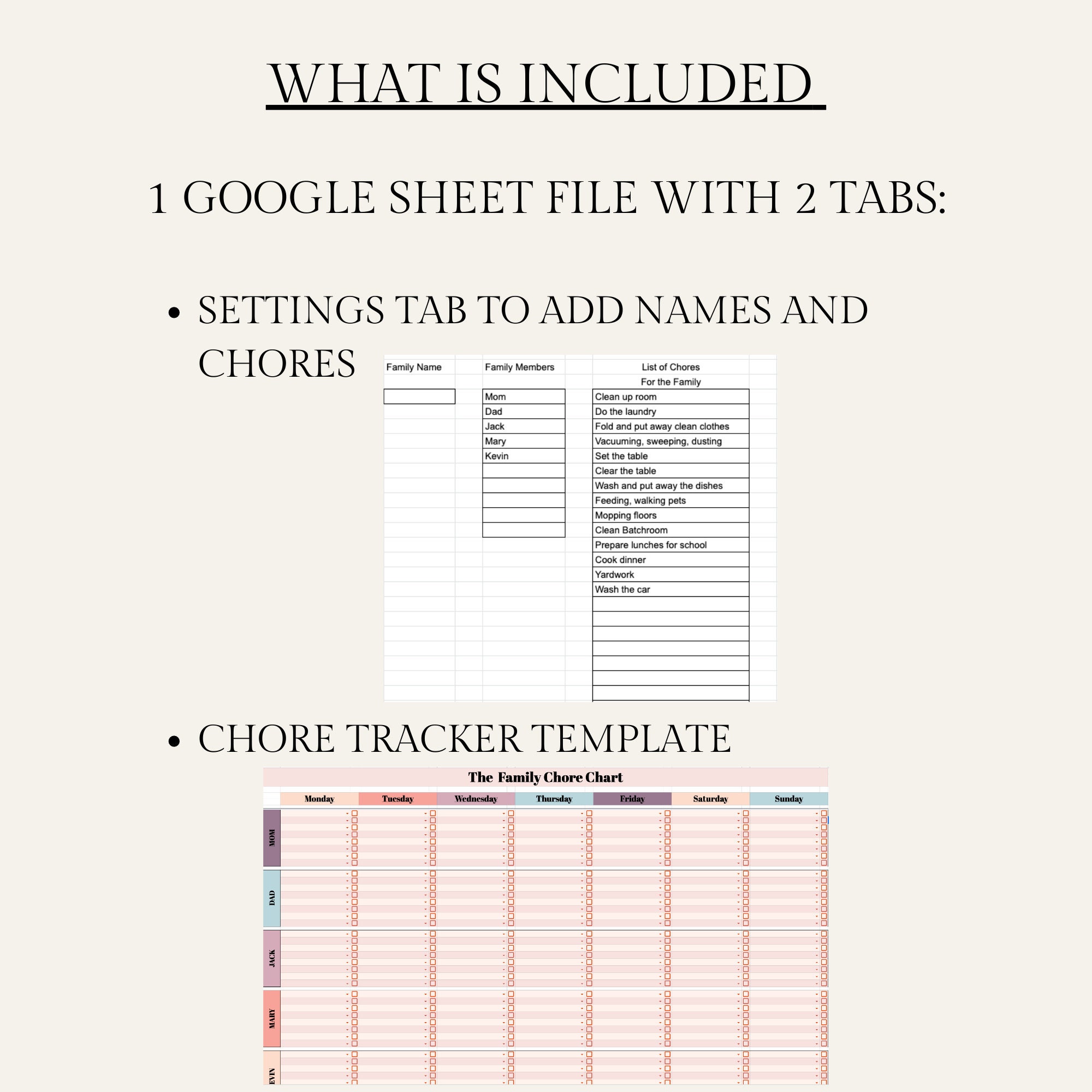 Family Chore Chart Spreadsheet Template Digital Chore - Etsy