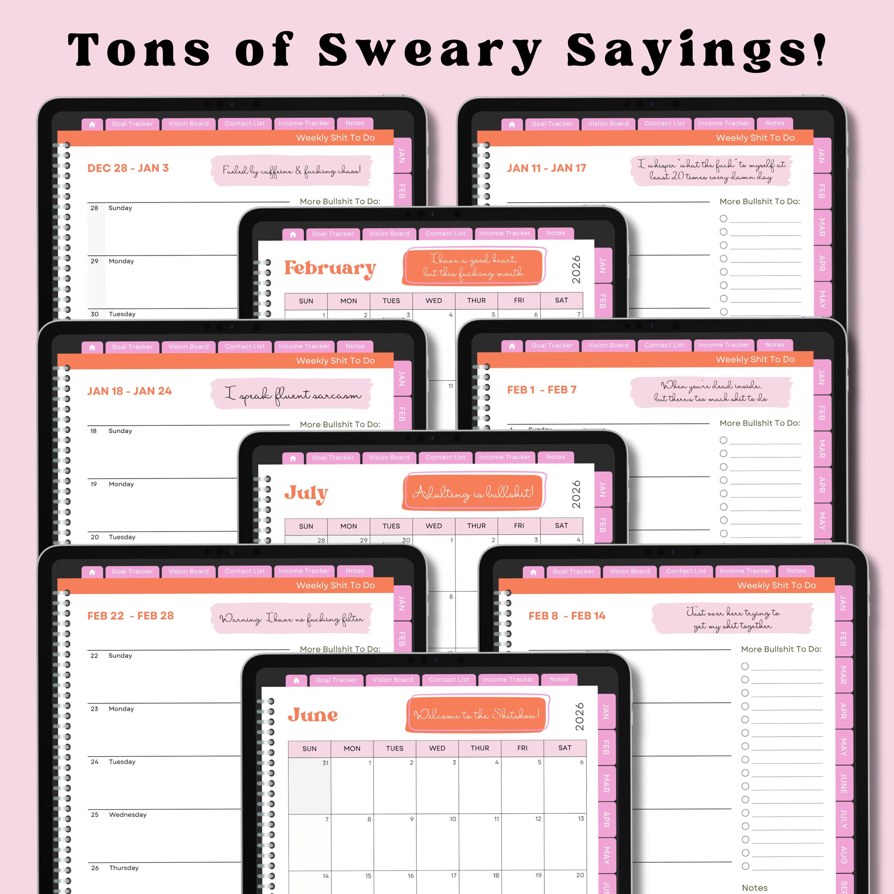 2026 Funny Sweary Weekly and Monthly Dated Digital Pink Planner ...