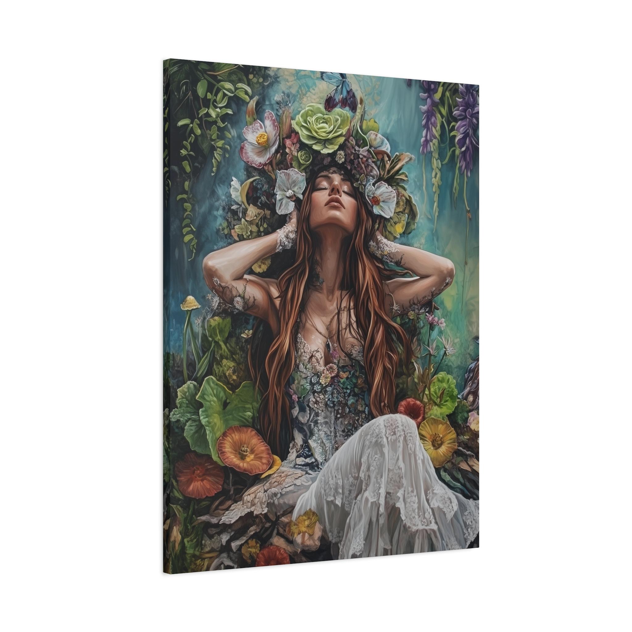 Lady Gaia Floral Serenity Canvas Print, Boho Dreamy Wall Art, Spiritual ...