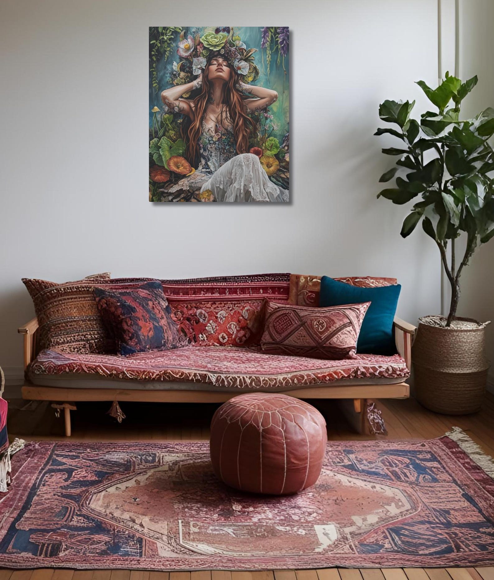 Lady Gaia Floral Serenity Canvas Print, Boho Dreamy Wall Art, Spiritual ...