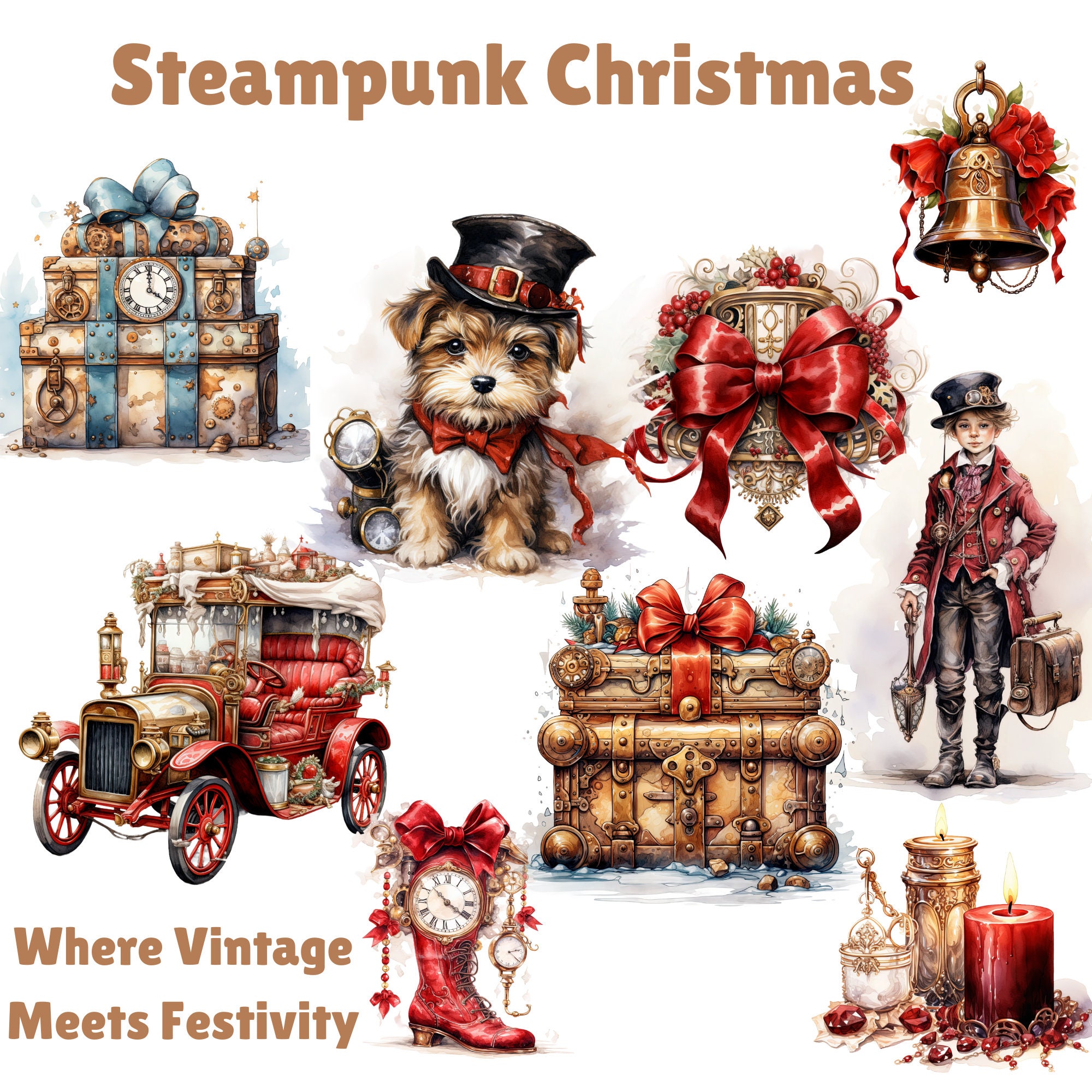Steampunk Christmas Clipart Watercolor Christmas Printables PNG ...