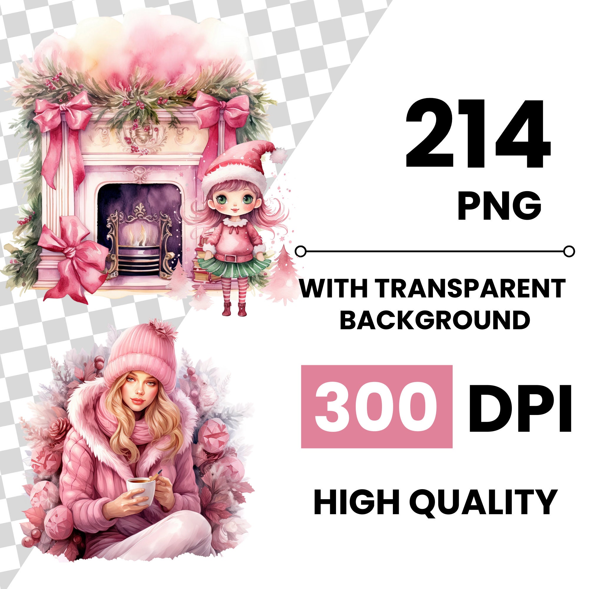 Pink Christmas Clipart Watercolor PNG Winter Holiday Elements - Etsy