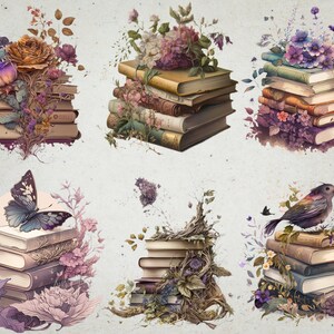 50 PNG Vintage Watercolor Floral Book Stack Clipart, Floral Library ...