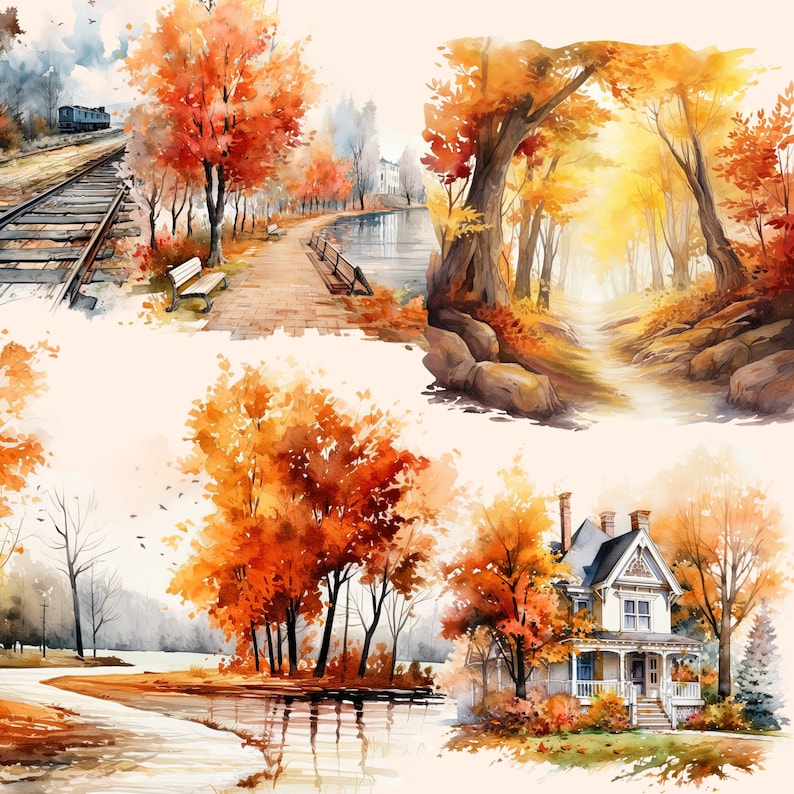 Autumn Landscapes Clipart Fall Scenes PNG Graphics Autumn - Etsy