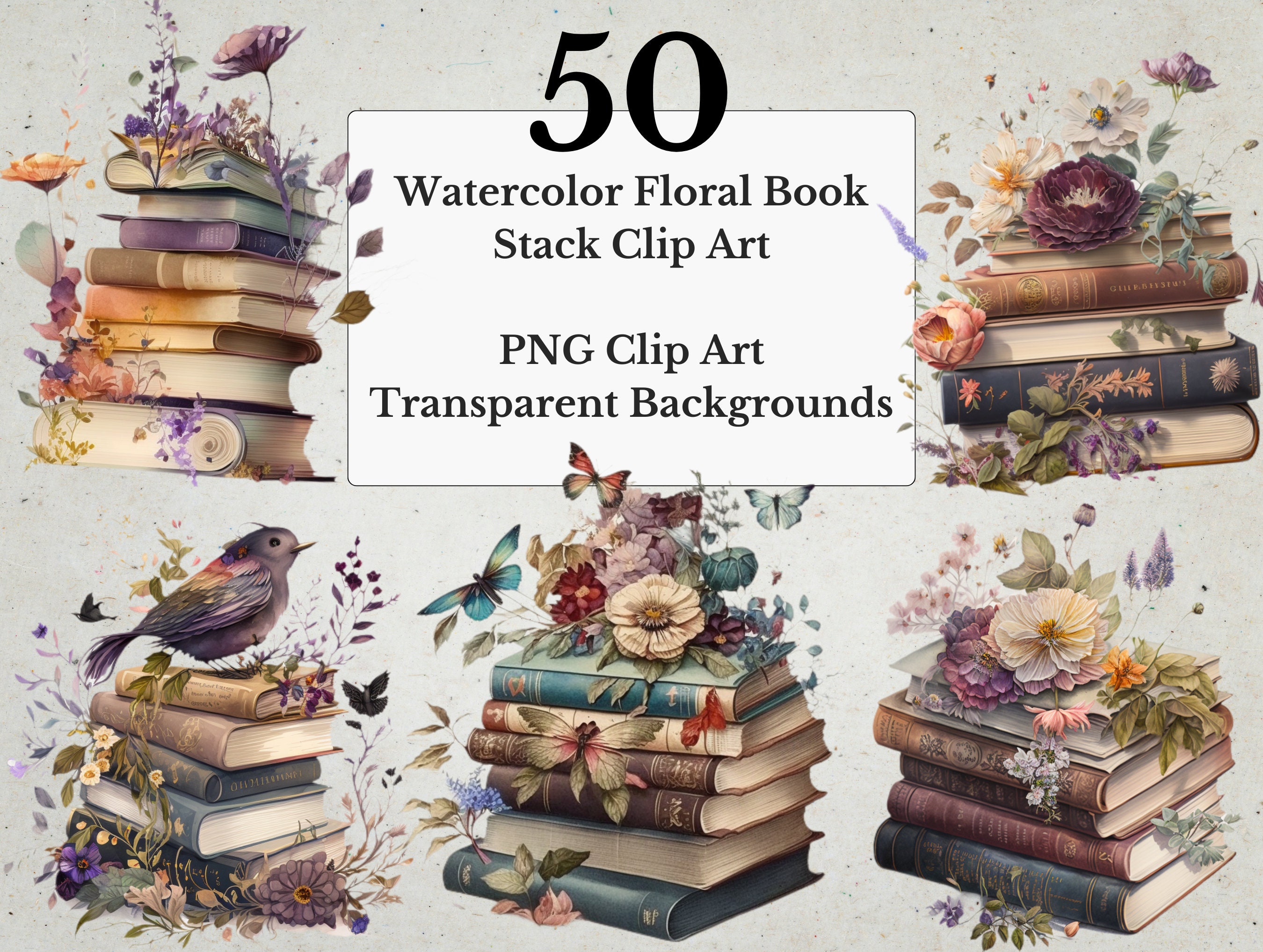 50 PNG Vintage Watercolor Floral Book Stack Clipart, Floral Library ...