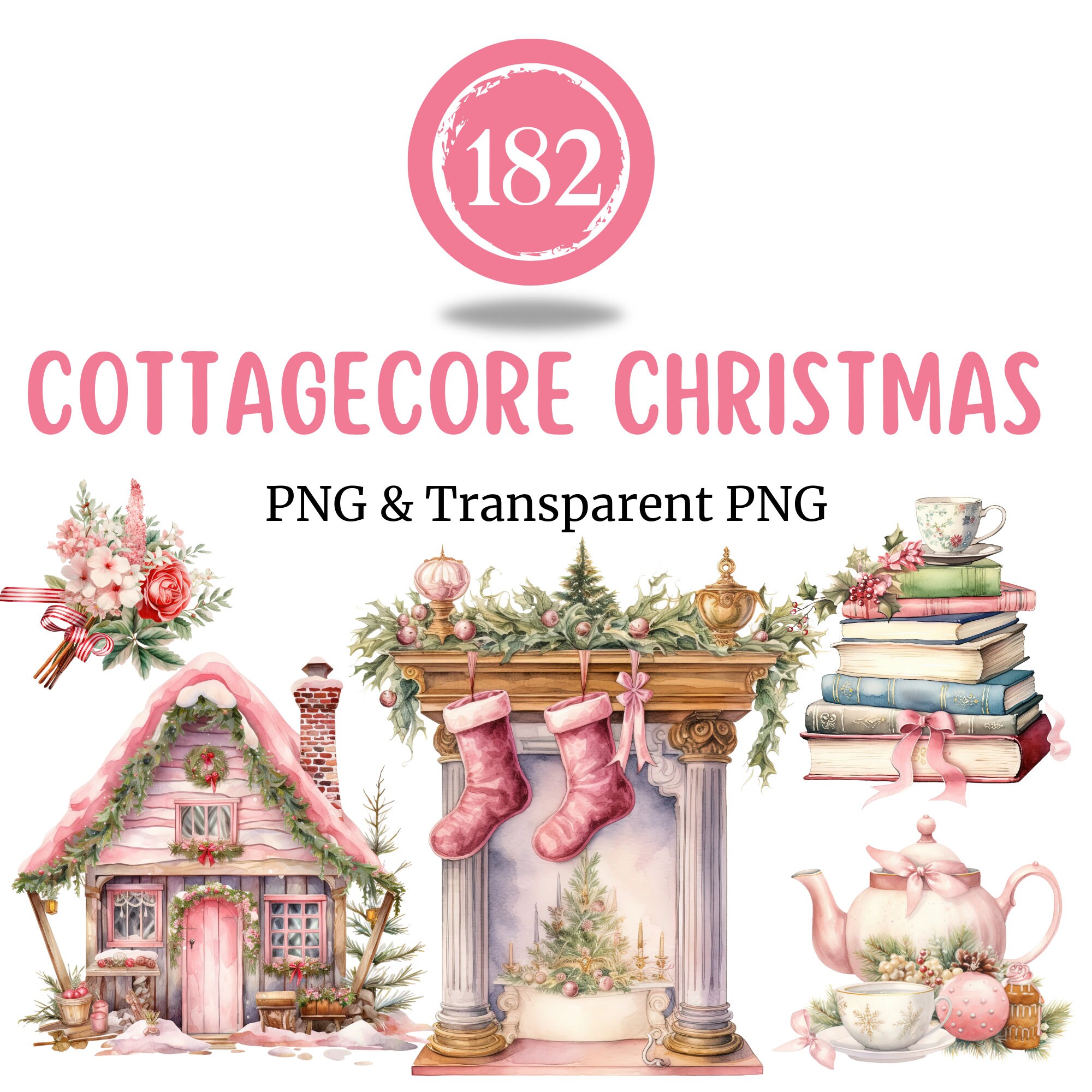 Cottagecore Christmas Clipart Pink Christmas Watercolor Winter ...