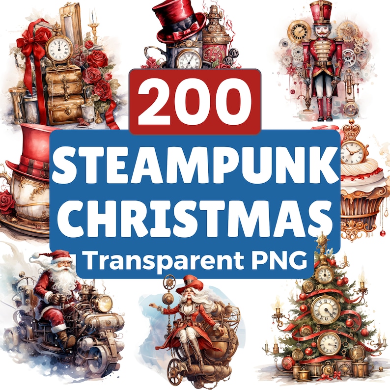 Steampunk Christmas Clipart Watercolor Christmas Printables PNG ...