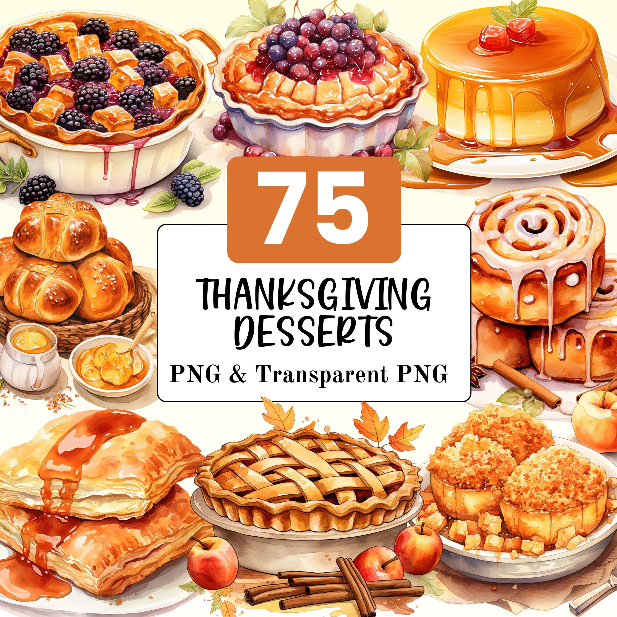 Thanksgiving Dessert Clipart Autumn Food Fall Watercolor Tasty - Etsy