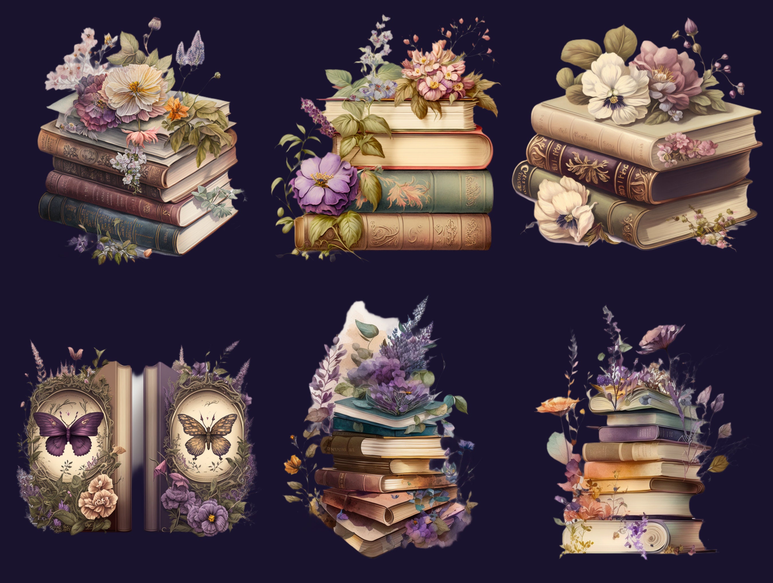 50 PNG Vintage Watercolor Floral Book Stack Clipart Floral - Etsy