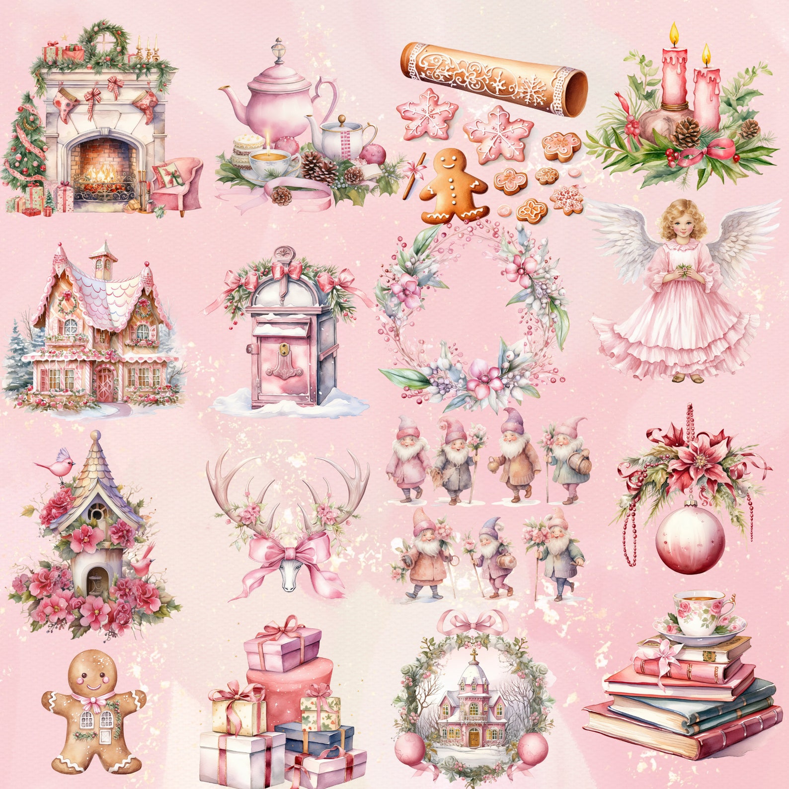 Cottagecore Christmas Clipart Pink Christmas Watercolor Winter ...