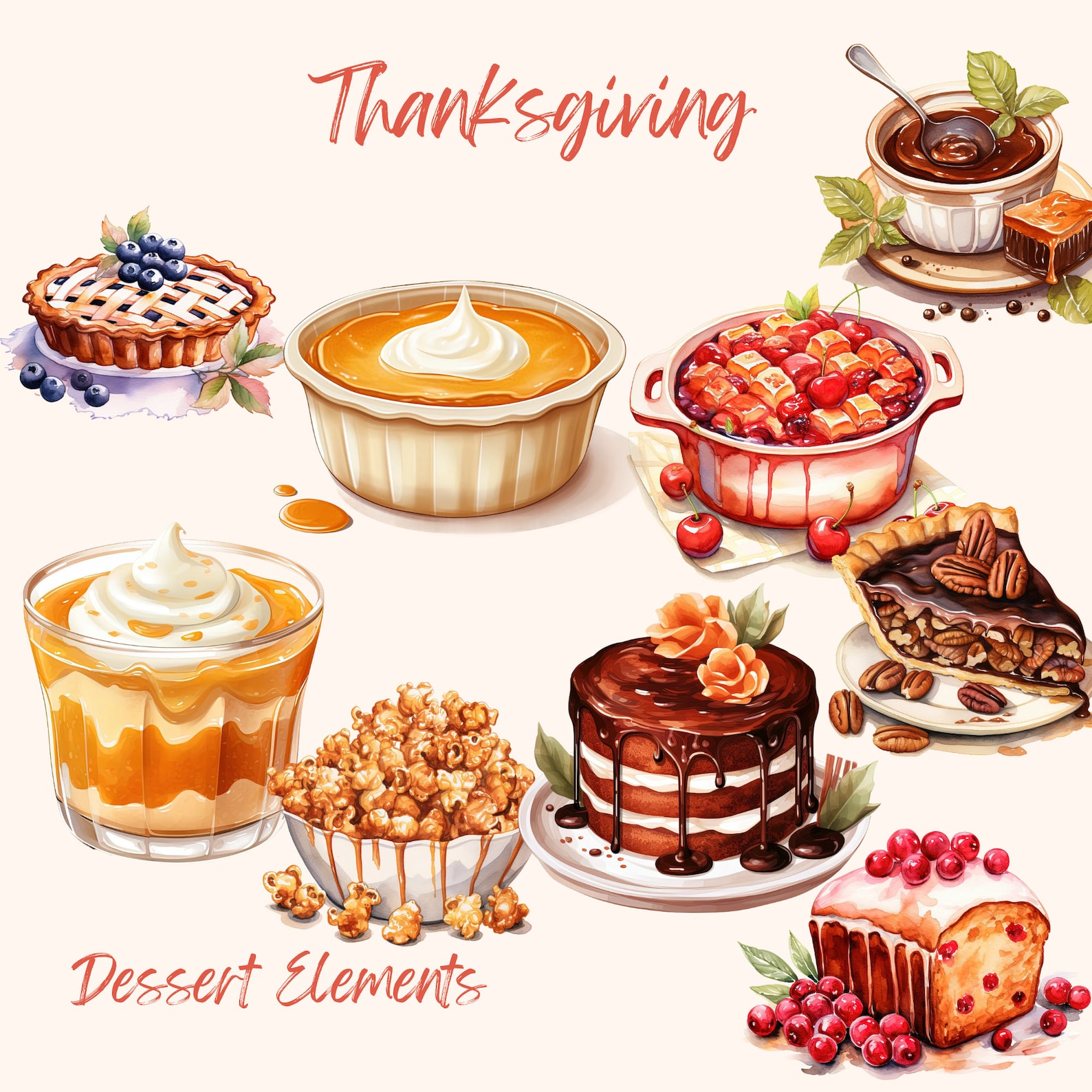 Thanksgiving Dessert Clipart Autumn Food Fall Watercolor Tasty Clipart ...