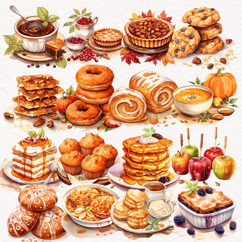 Thanksgiving Dessert Clipart Autumn Food Fall Watercolor Tasty Clipart ...