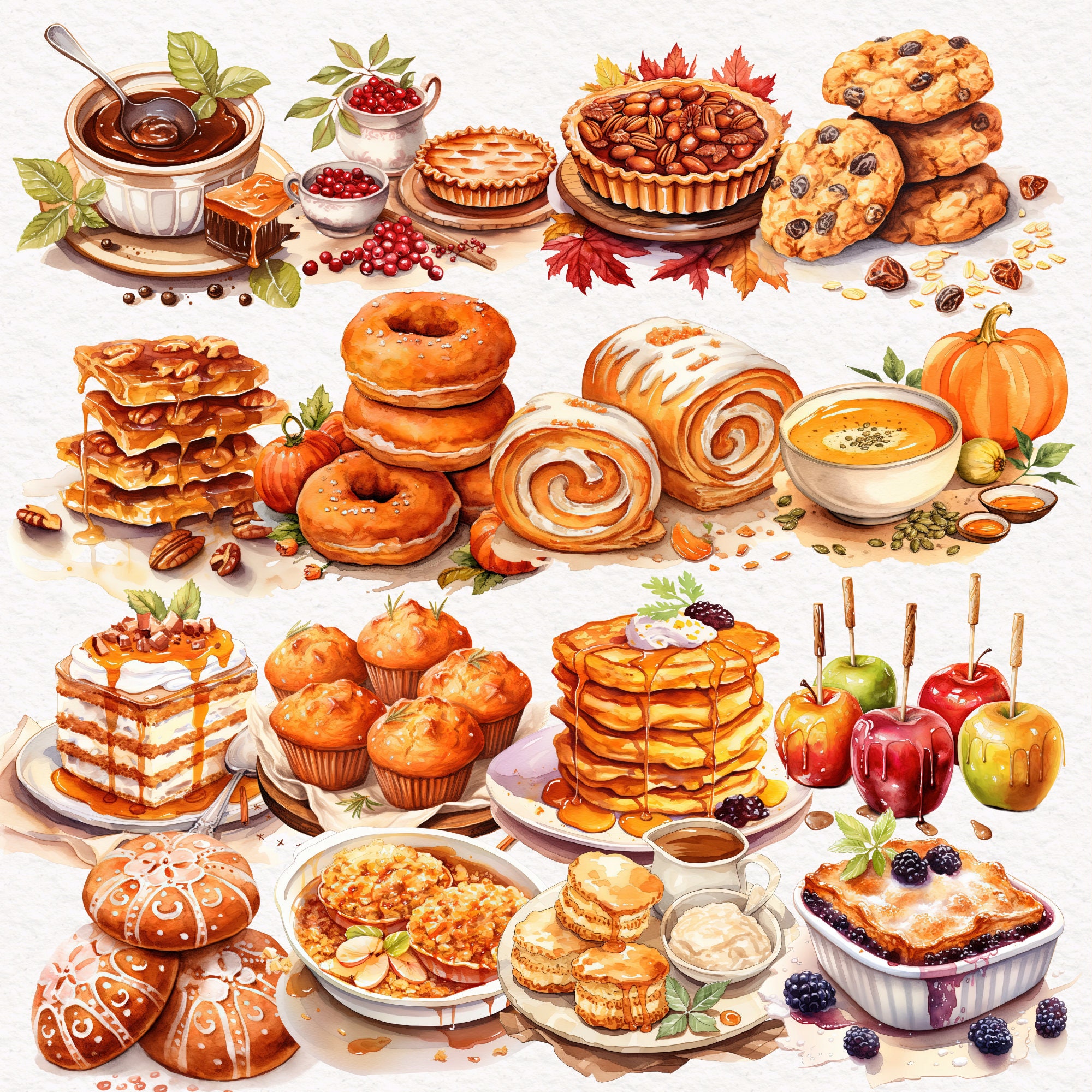 Thanksgiving Dessert Clipart Autumn Food Fall Watercolor Tasty - Etsy