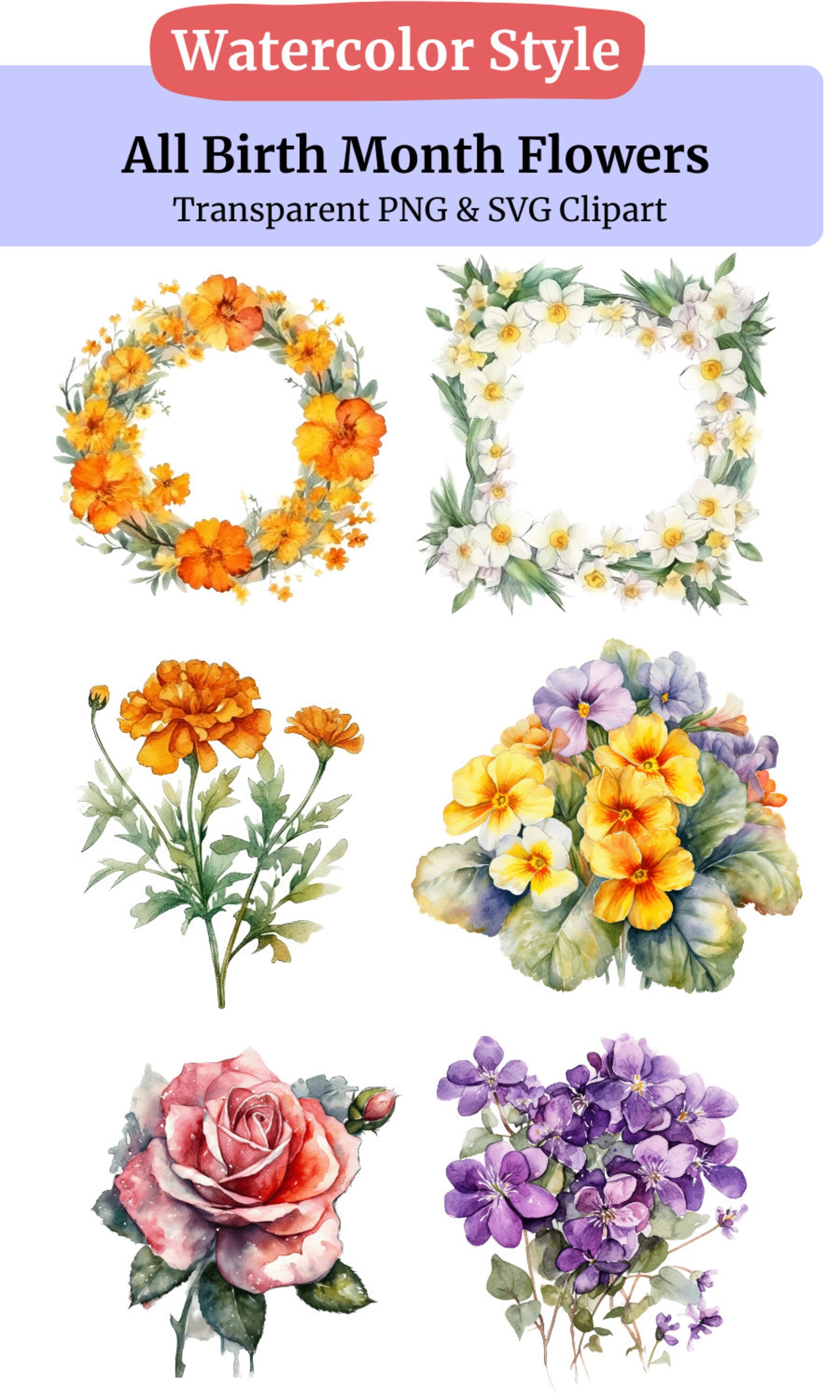 Birth Month Flowers Clipart SVG PNG Flower Invitation Birth - Etsy