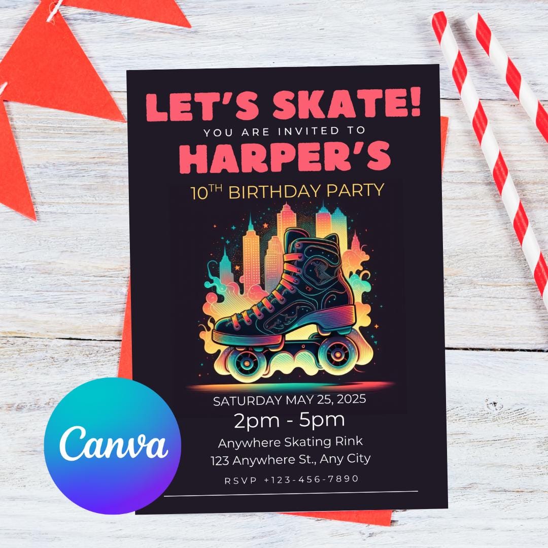 Editable Skate Party Invitation Canva Template – Retro Rollerskate ...
