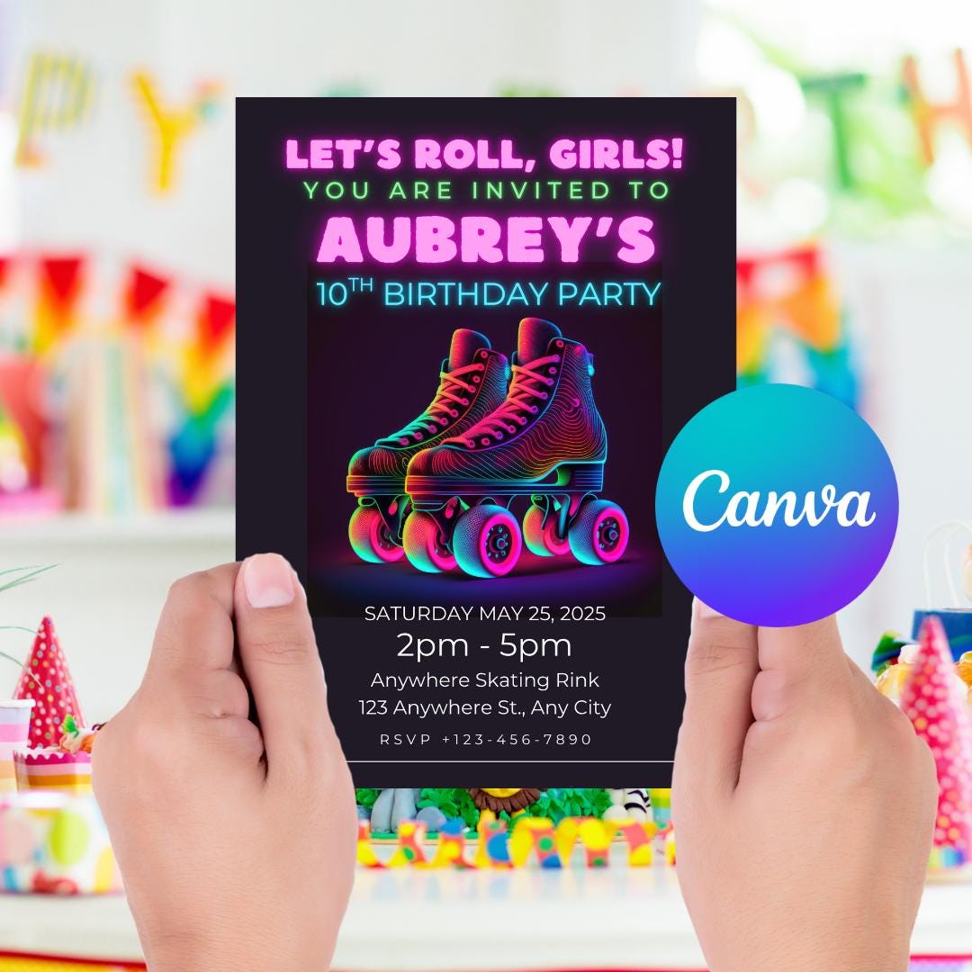 Let's Roll, Girls! Editable Skate Party Invitation Canva Template ...