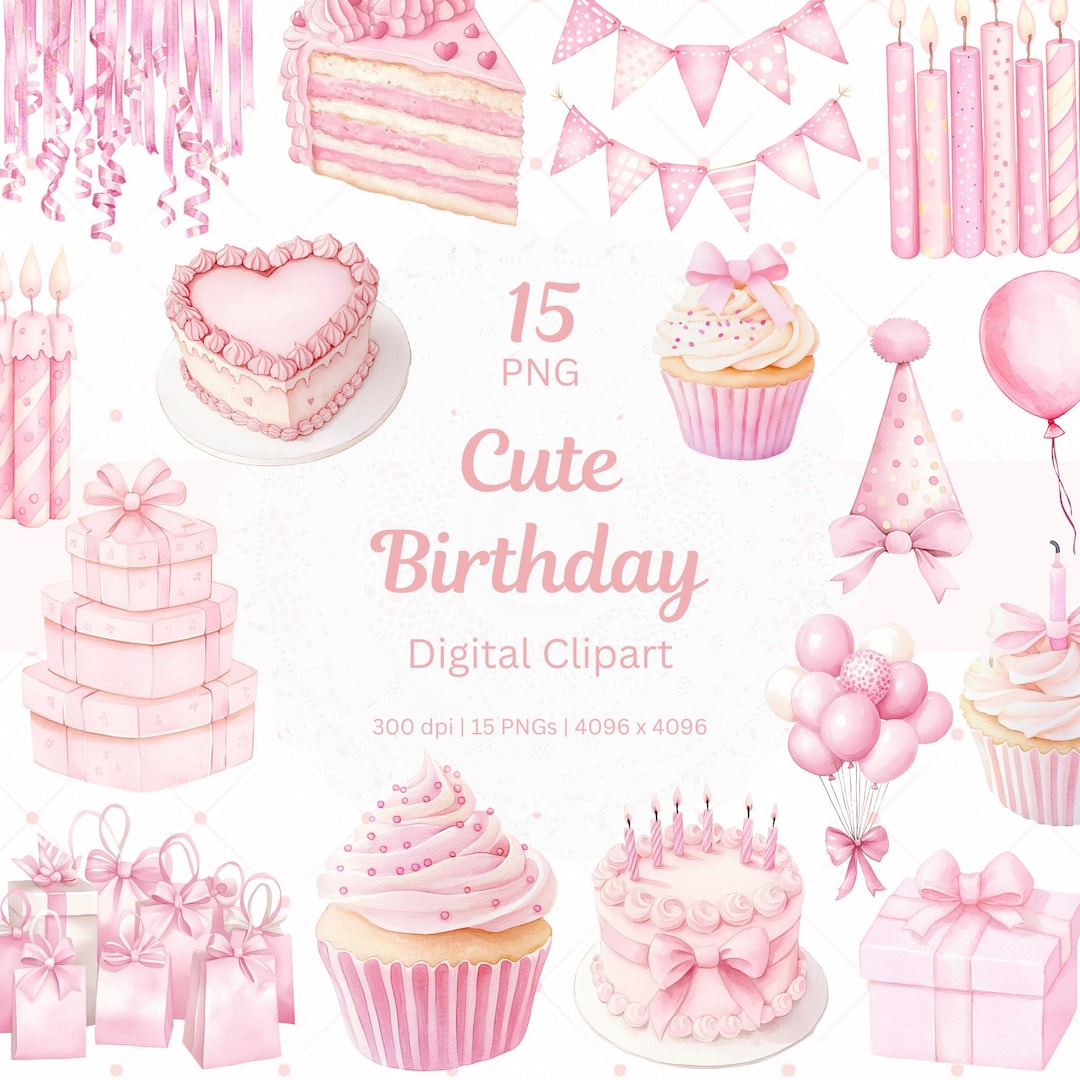 Watercolor Birthday Clipart Pastel Pink Celebration Graphics Kawaii ...