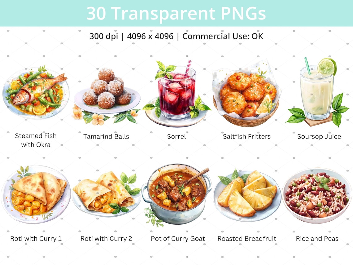 Caribbean Food Art Clipart Pack West Indies Watercolor Food ...