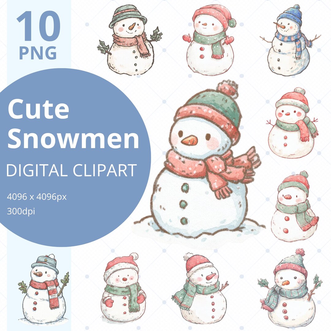 10 Cute Snowman Clipart PNG, Kawaii Christmas Clip Art Bundle, Festive ...