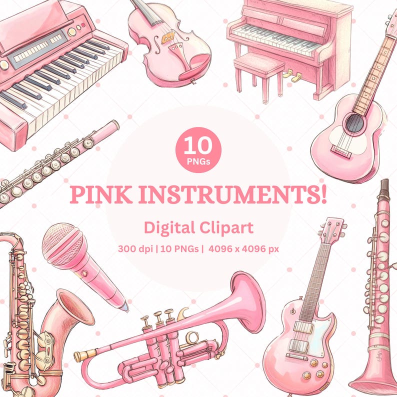 Pink Instruments Clipart Cute Music Clipart PNG Doodle Art Graphics ...