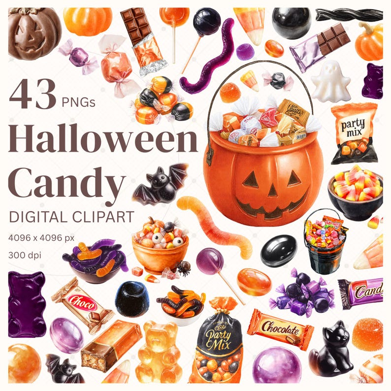 Printable Halloween Candy Clipart, Watercolor Food Art Digital Sticker ...