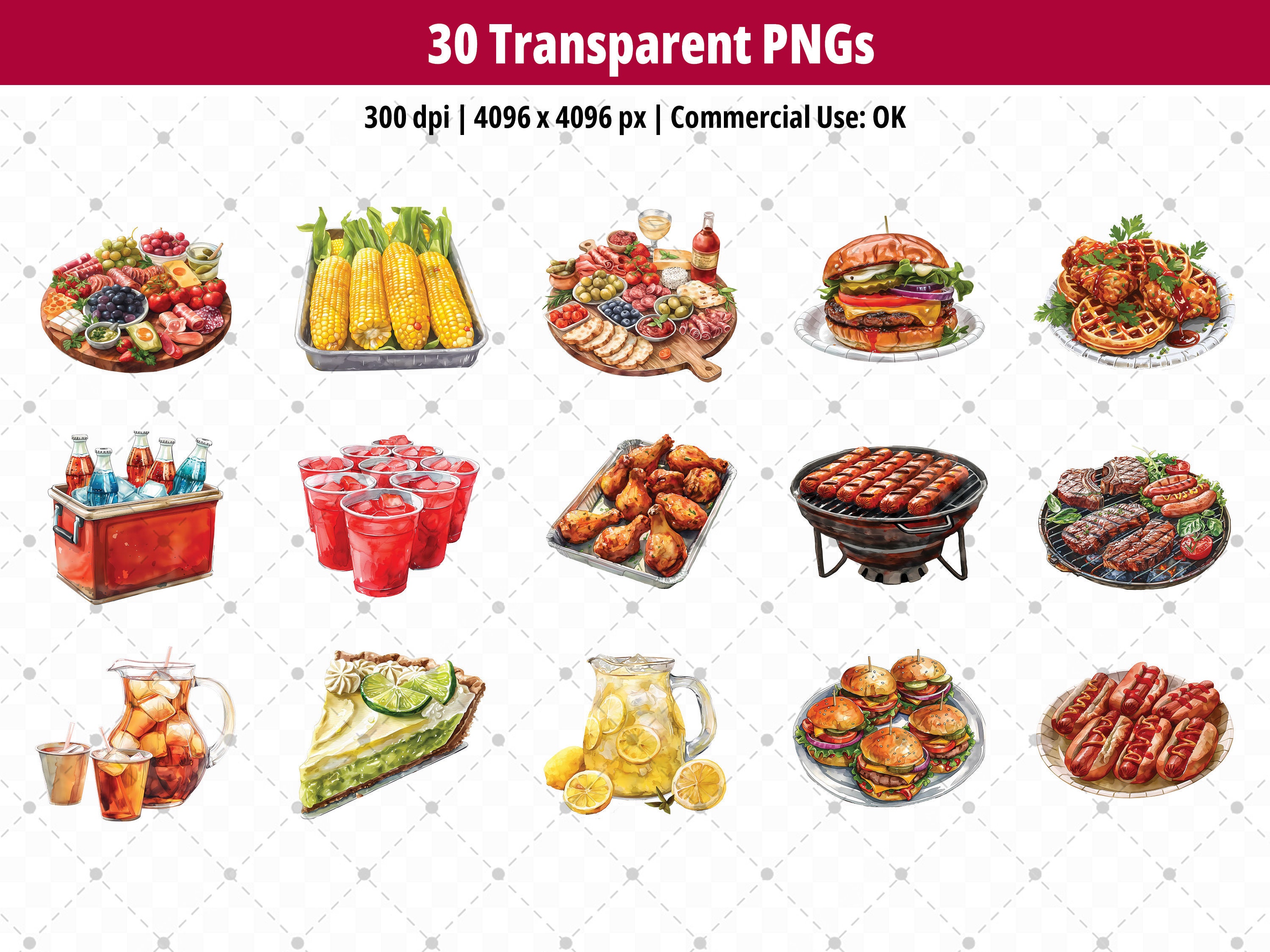 Summer Picnic Watercolor Food Clipart Food Art for Outdoor Cookout BBQ ...