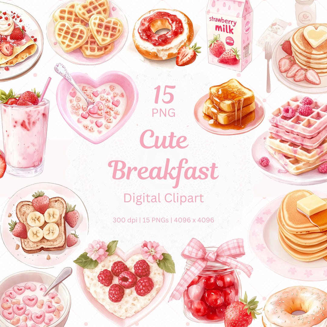 Kawaii Breakfast Clipart, Pink Food Art (PNG, PDF) - Etsy