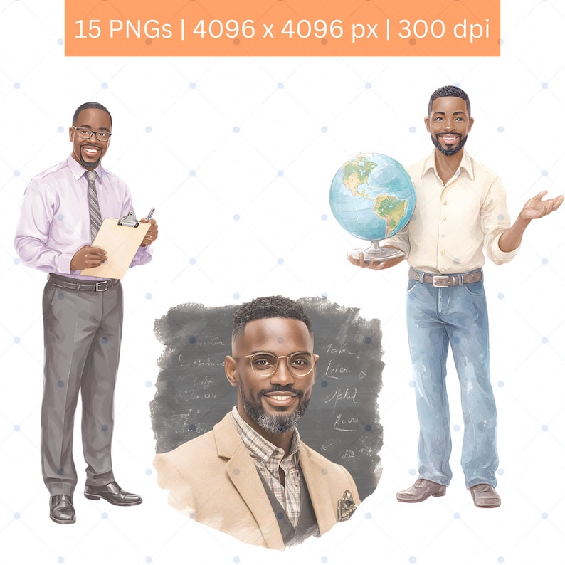 Black Man Teacher Clipart Watercolor PNG Bundle Back to School ...